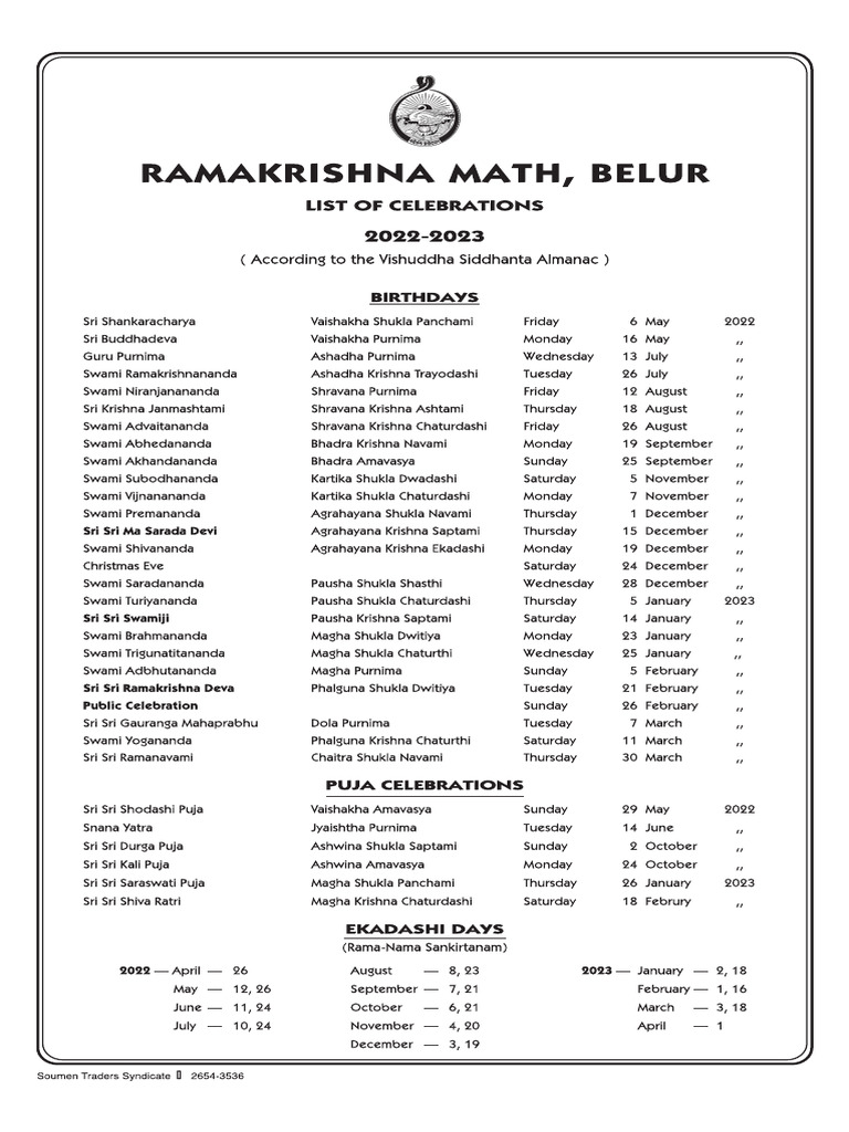 Belur Math Festival Calender 2022-23 English | PDF