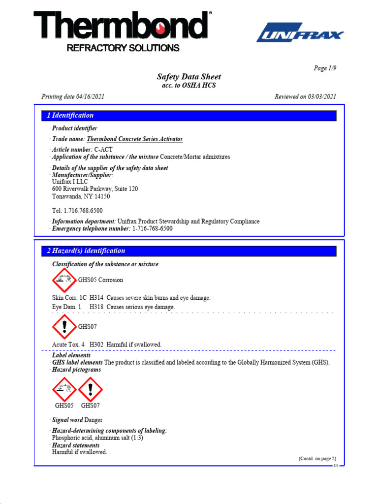 SDS (US) Thermbond Concrete Series Activator (EN) | PDF