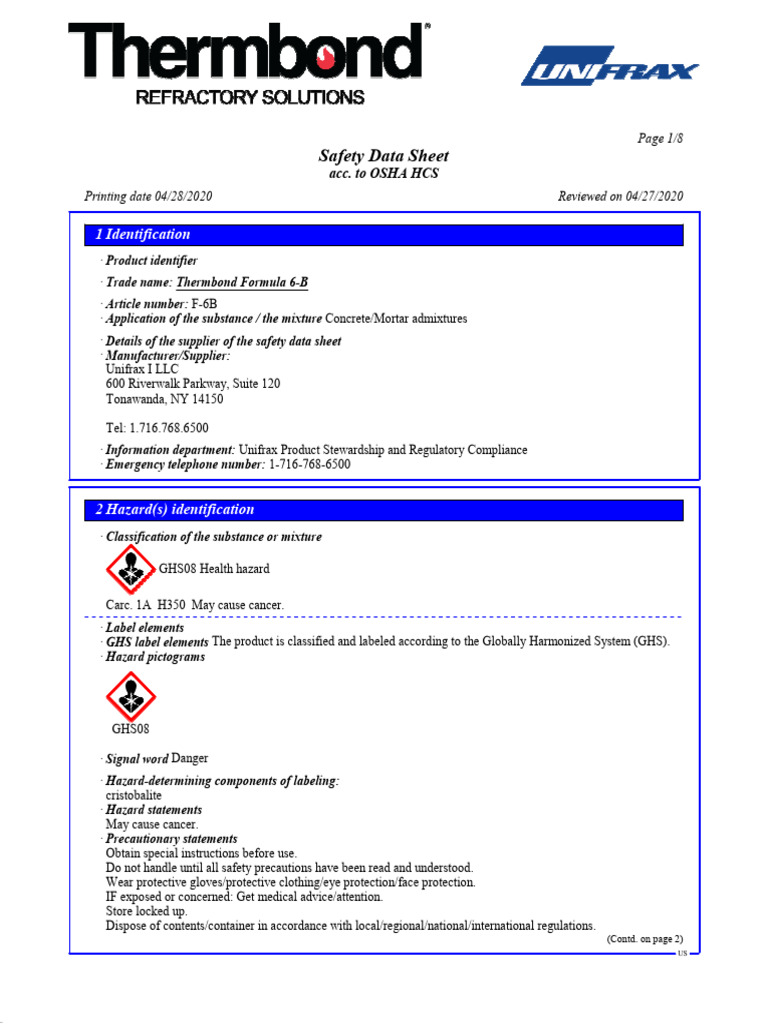 SDS (US) Thermbond Formula 6-B (EN) | PDF | Workplace | Physical Sciences