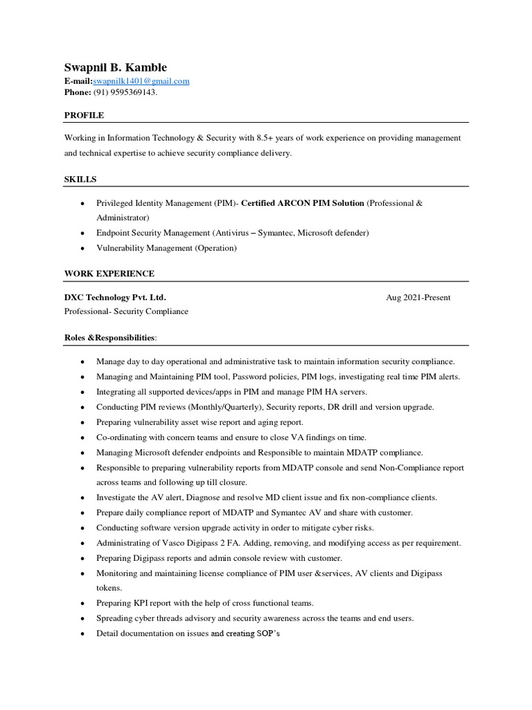 Swapnil Kamble-IT Security - Resume | PDF | Microsoft Windows | Security