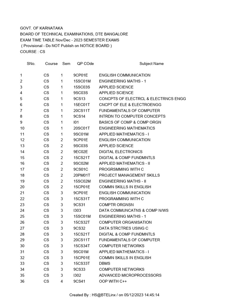 ExamTimeTable N23 CS | PDF