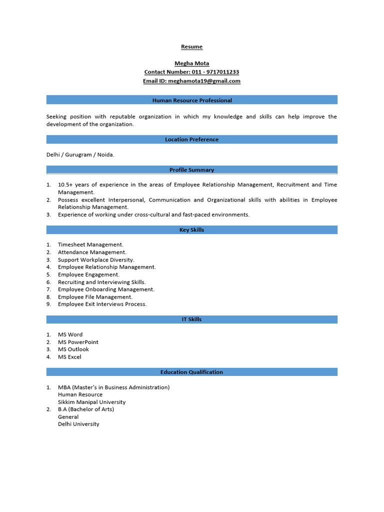 Megha Mota Resume - HR | PDF | Recruitment | Human Resource Management