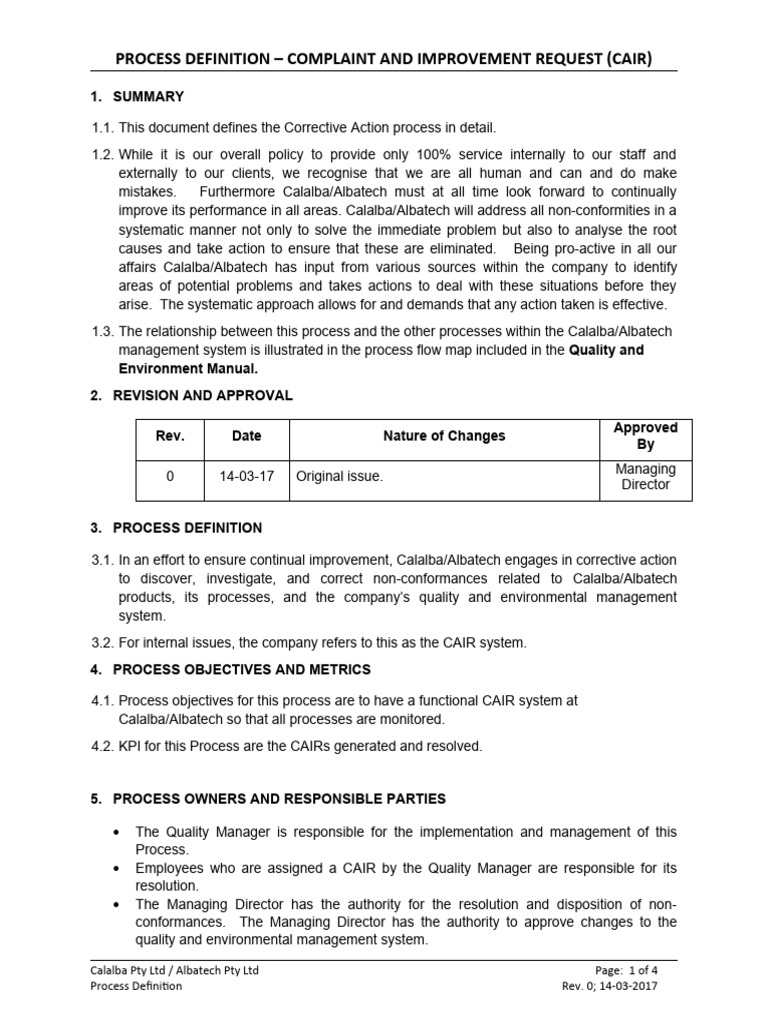 Process Definition - Complaints and Improvement Request (CAIR) | PDF ... Process Definition - Complaints and Improvement Request (CAIR) | PDF ...