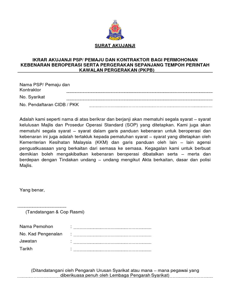 Surat Akujanji Mula Kerja Tempoh PKP | PDF