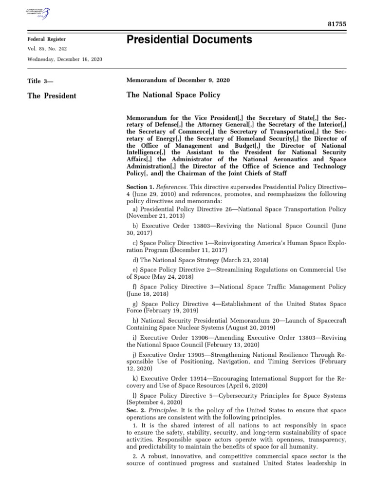 Presidential Documents: The President The National Space Policy | PDF ...
