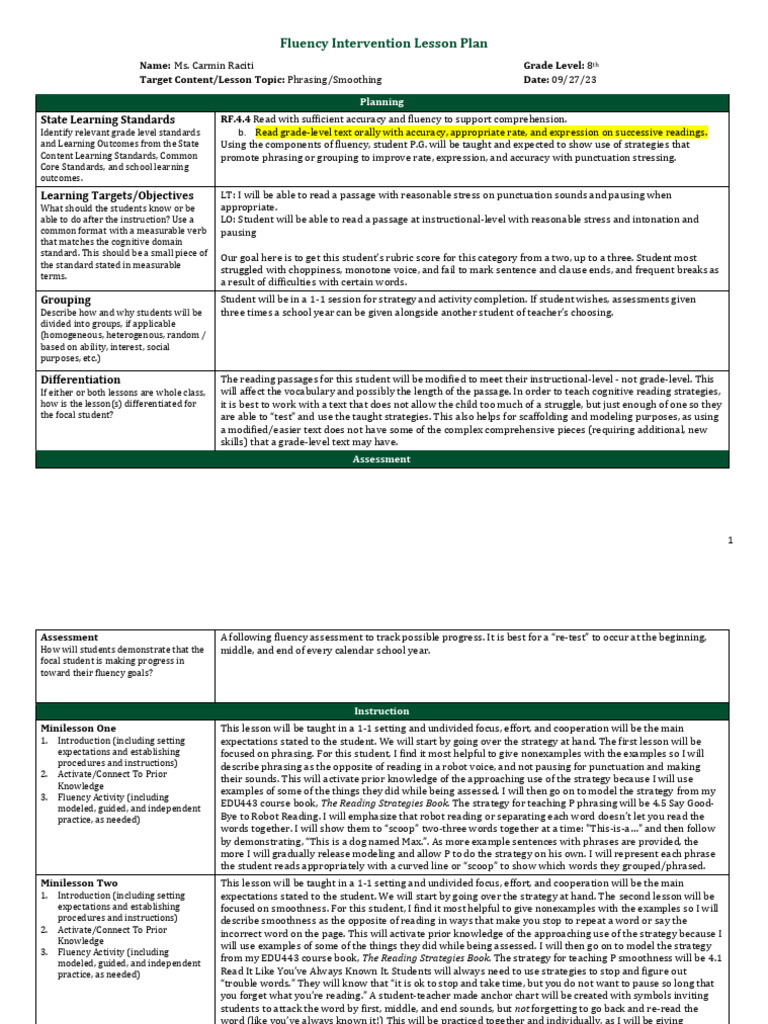 Raciti Assessing and Teaching Fluency Mini Lesson Letter | Download ...