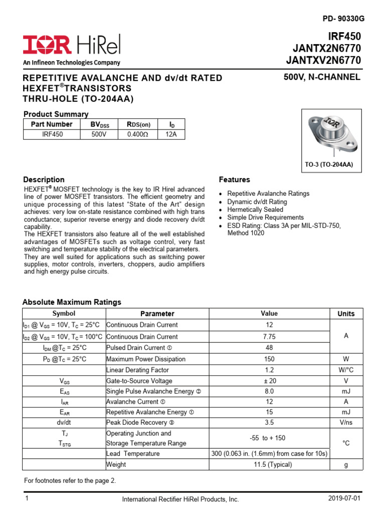 Infineon JANTX2N6770 DataSheet v01 01 en | PDF | Field Effect Transistor | Mosfet