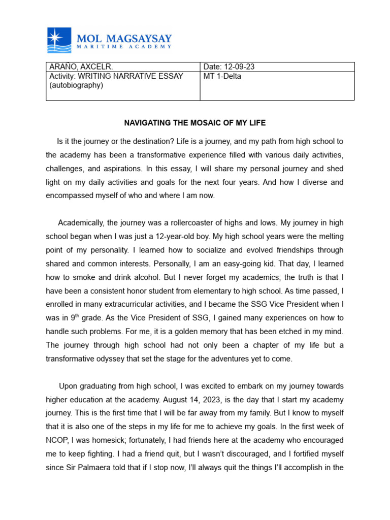Rough Draft of Narrative Essay Arano Axcelr. | PDF