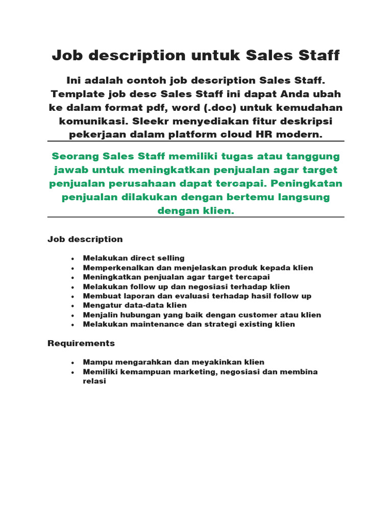 Job Description Untuk Sales Staff | PDF
