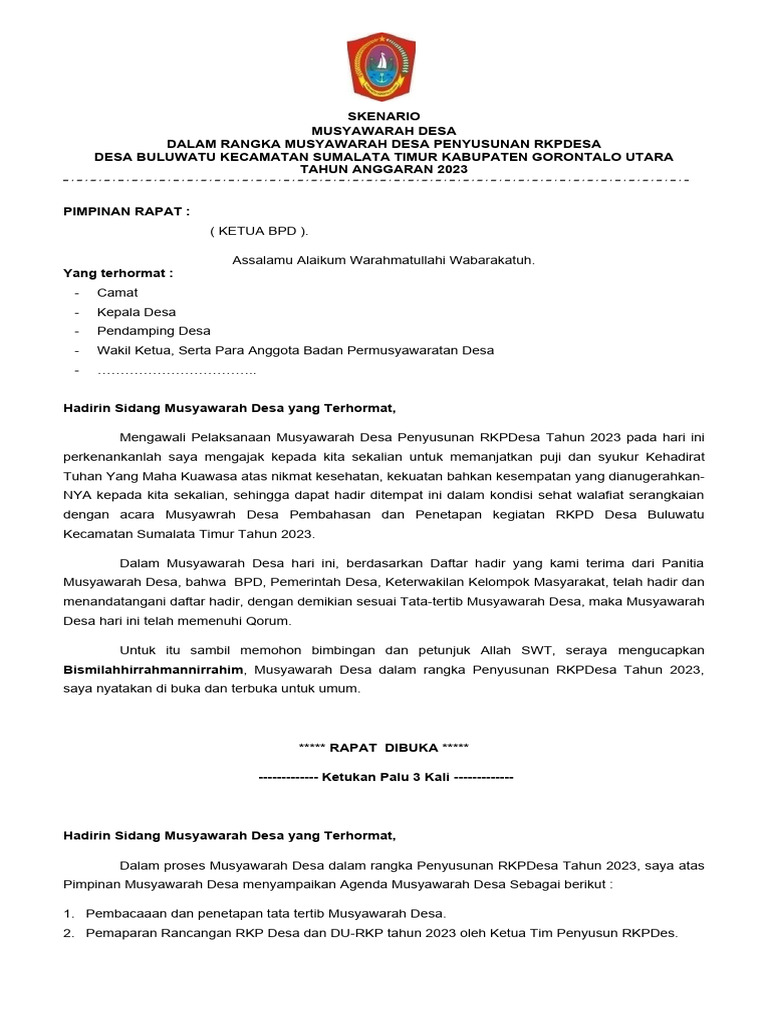 Skenario Musdes DLM Rangka Penyusunan RKP Desa (Kedua) Buluwatu | PDF