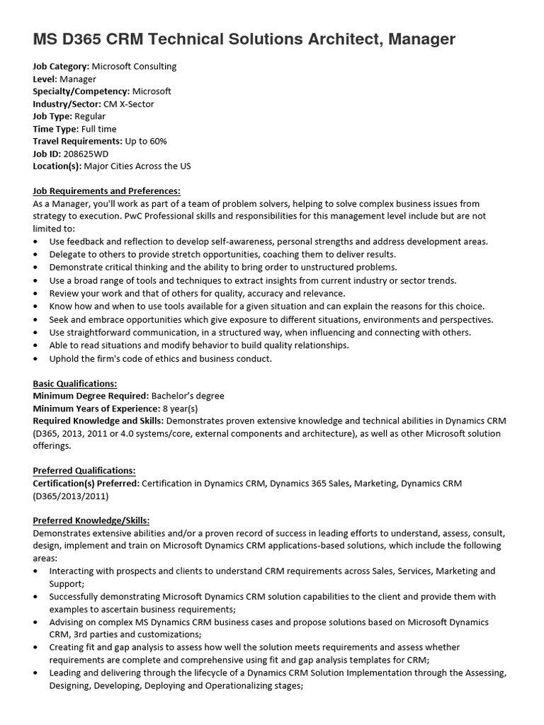208625WD - MS D365 CRM Technical Solutions Architect - Manager | PDF ...