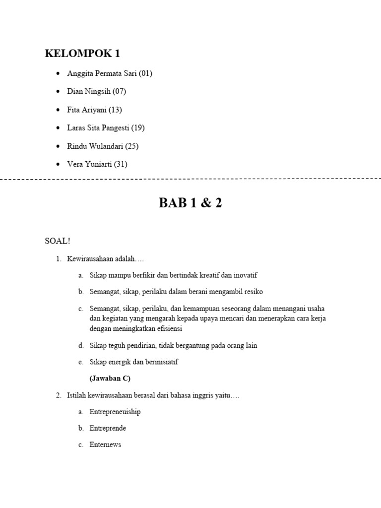 Soal Pilgan Bab 1 & 2 (Kel.1) | PDF