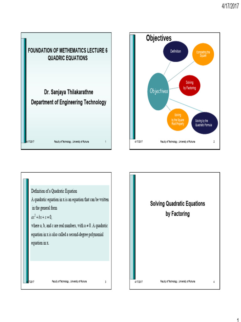 Lecture 6 - Quadratic Equations | PDF