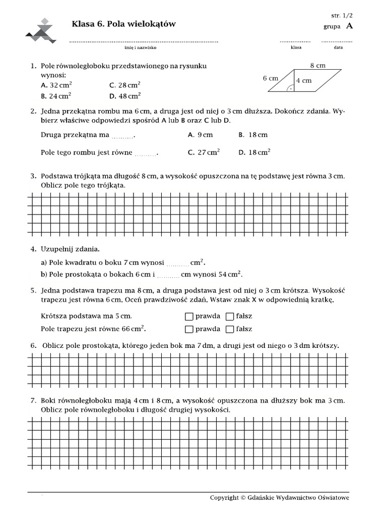 Klasa 6 - Pola Wielokatow - A | PDF
