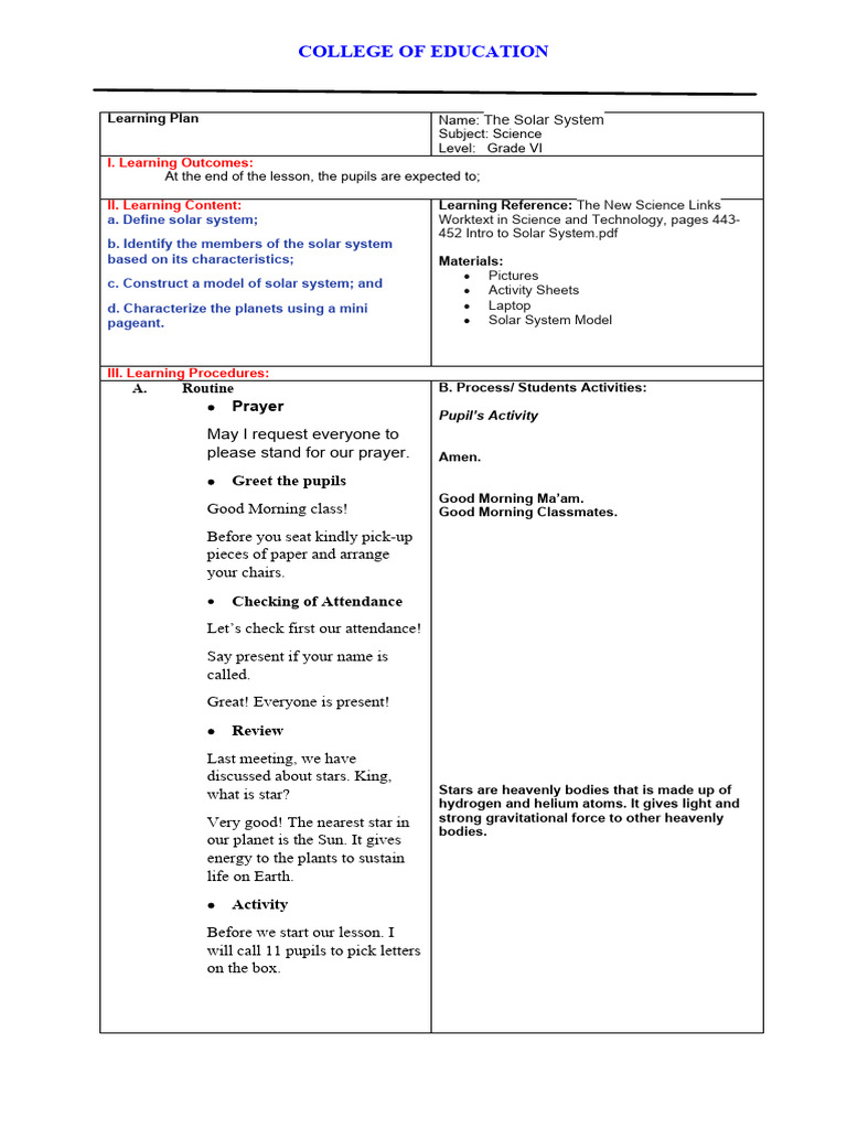 Lesson Plan 6 (Solar System) | PDF | Social Science | Young Adult