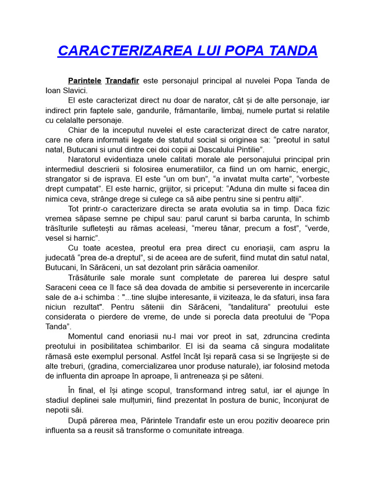 Caracterizarea lui Popa Tanda | PDF