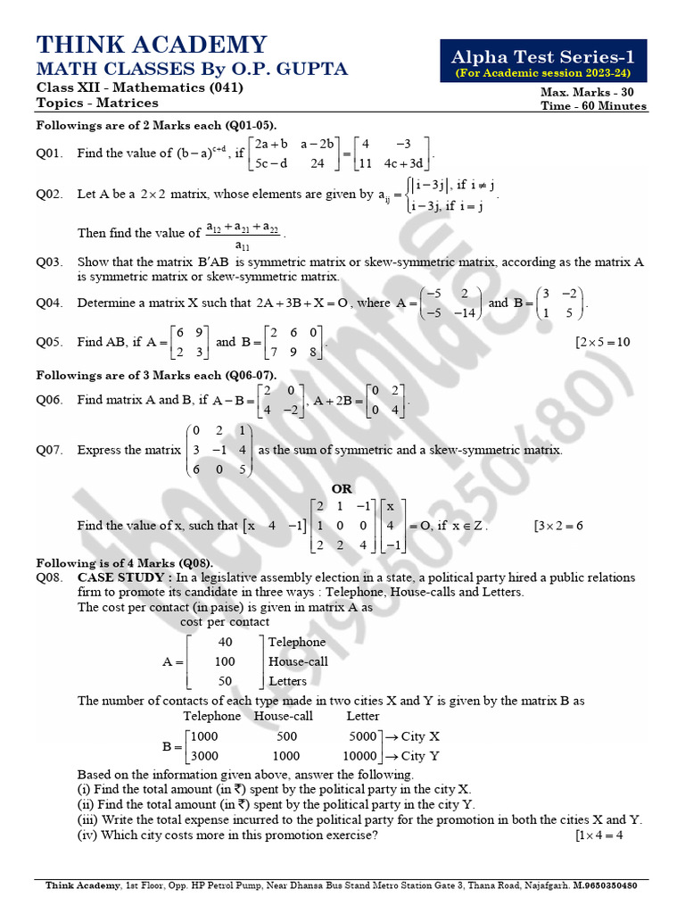 ATS 1 Matrices | PDF | Matrix (Mathematics) | Algebra