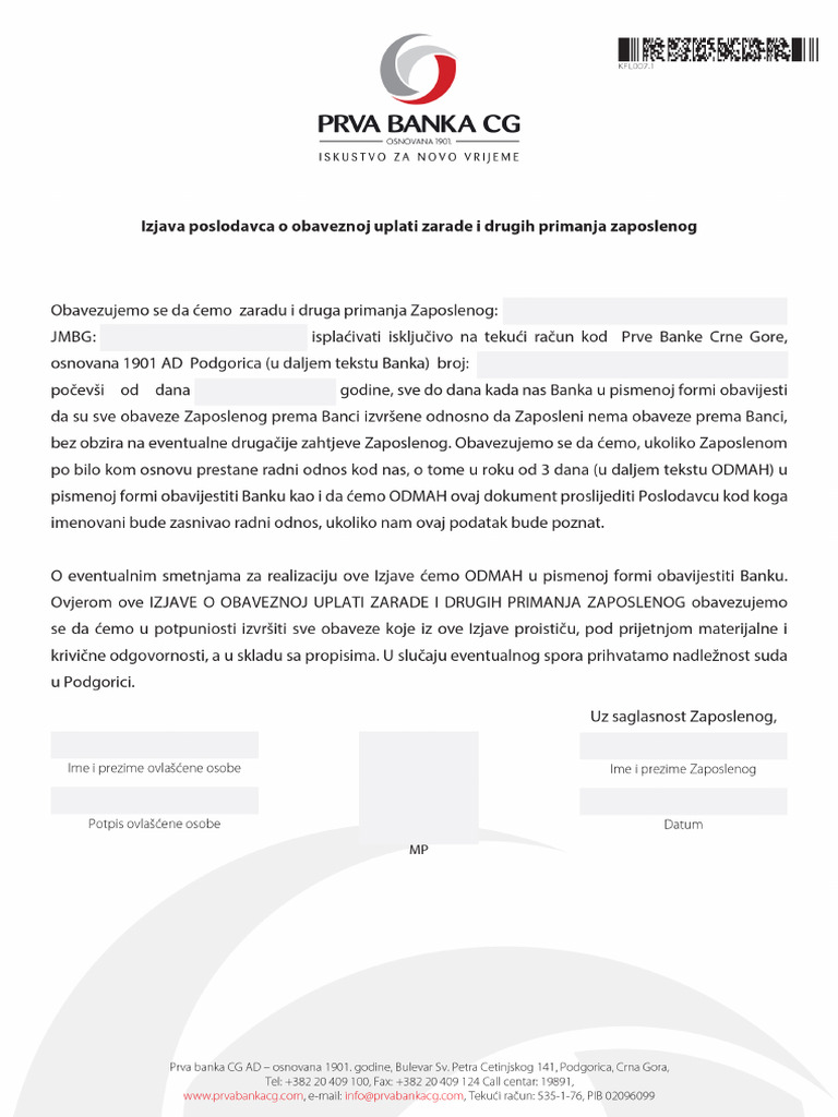 KFL007 1 - Izjava Poslodavca o Obaveznoj Uplati Zarade | PDF