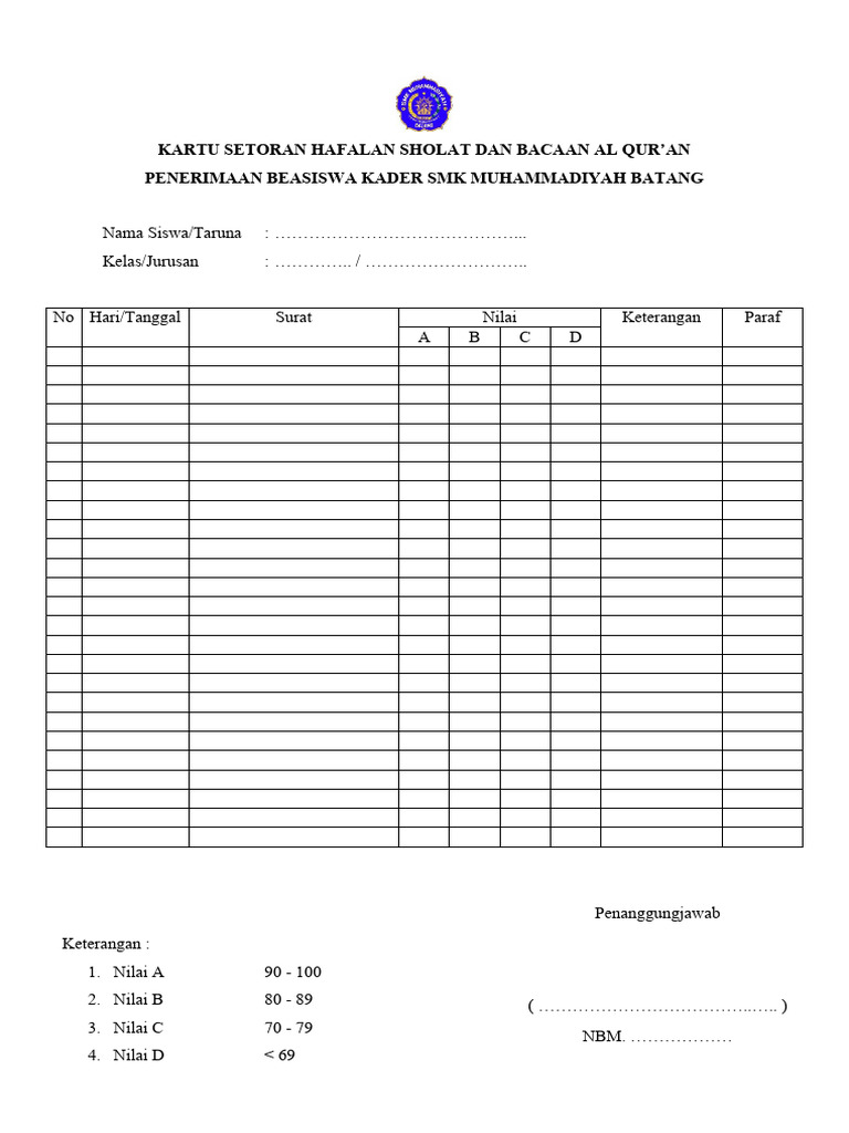 Kartu Setoran Hafalan Sholat Dan Bacaan Al Qur | PDF