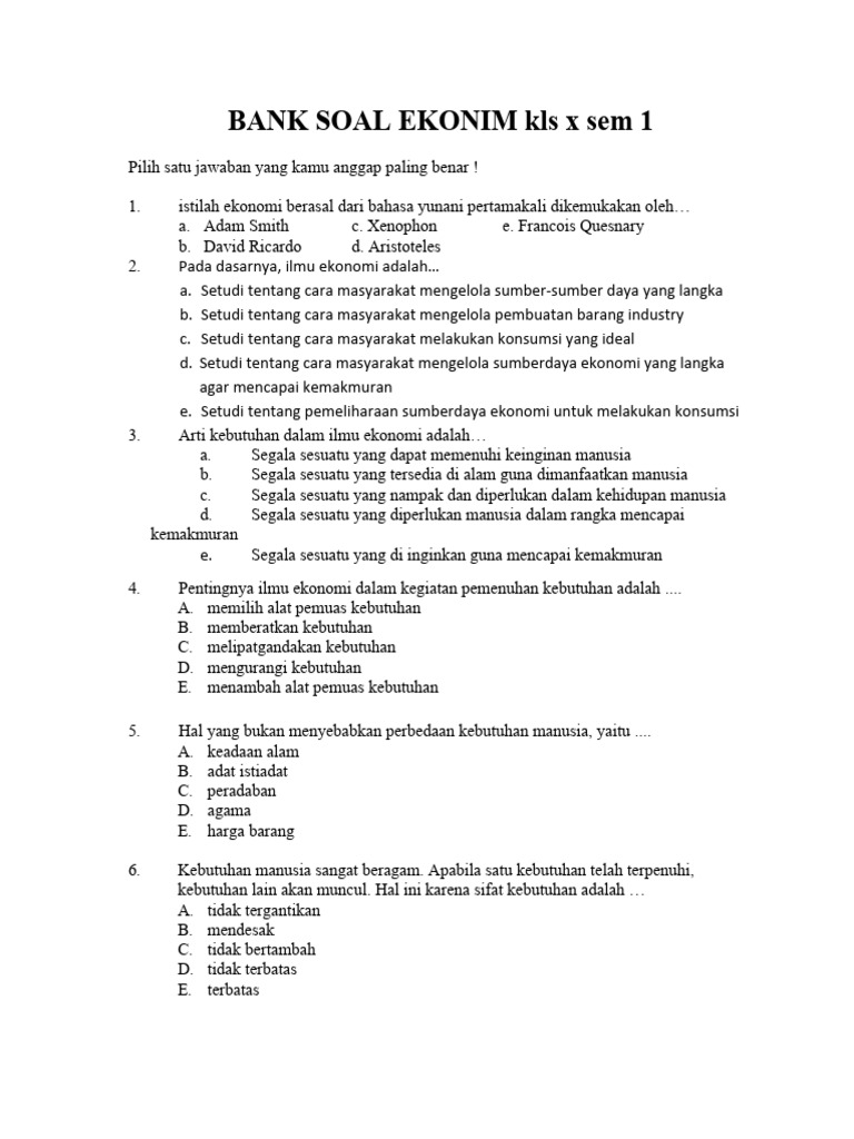 Bank Soal Ekonomi Kelas X Semester 1 | PDF