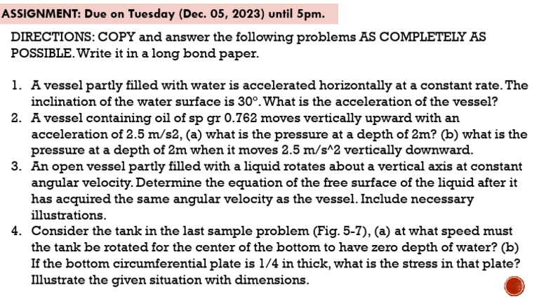 Assignment - Translation and Rotation of Fluid Masses | PDF