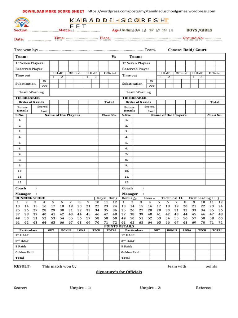 Kabaddi Score Sheet Template | PDF | Referee | Sports