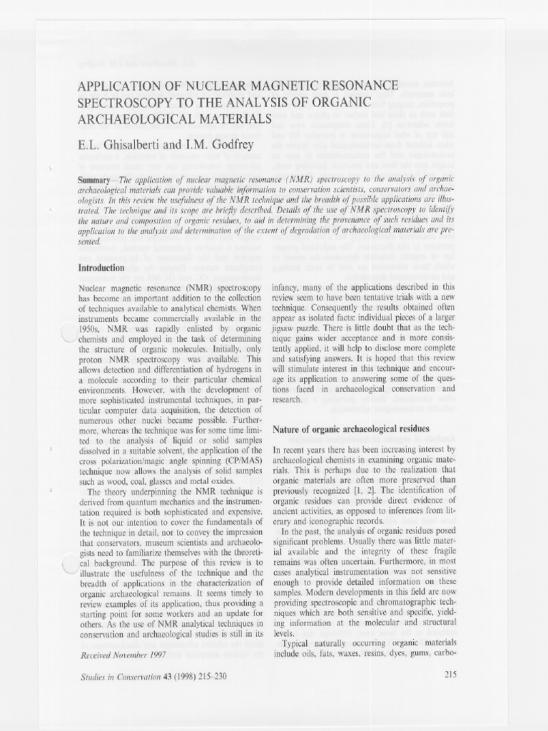 Application Of Nuclear Magnetic Resonance Spectroscopy To The Analysis Of Organic Archaeological