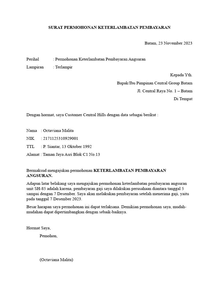 Surat Permohonan Keterlambatan Pembayaran | PDF Surat Permohonan Keterlambatan Pembayaran | PDF