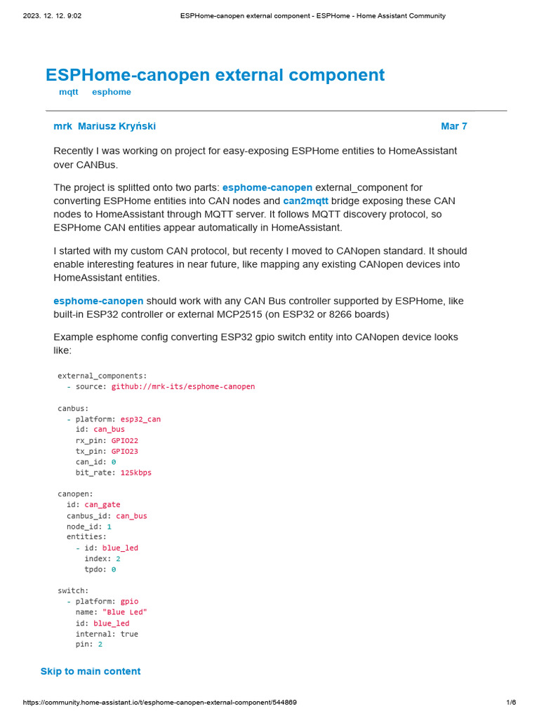 ESPHome-canopen External Component - ESPHome - Home Assistant Community | PDF
