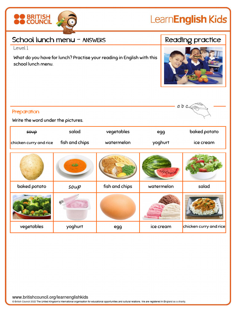 School Lunch Menu Reading Practice | PDF | Lunch | Soup