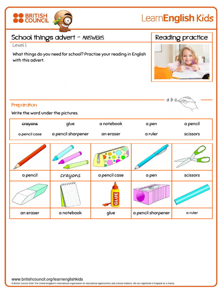 Reading Practice School Things Advert Answers | PDF | Pencil | Office Work