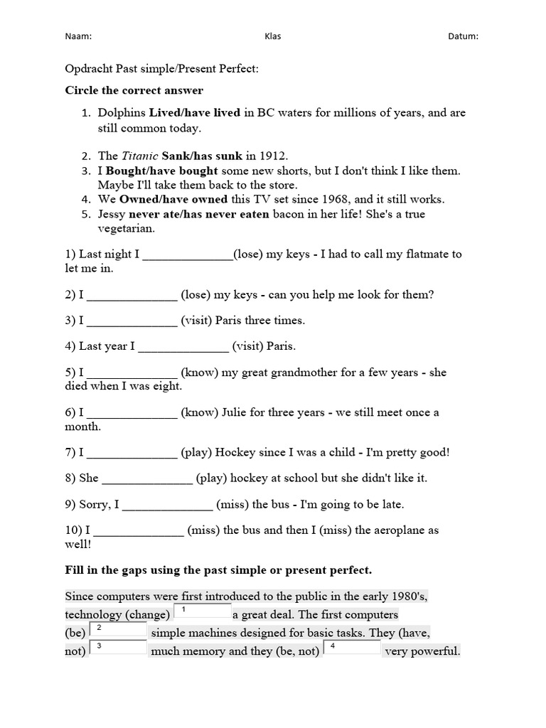 Past Simple Present Perfect Exercise | PDF