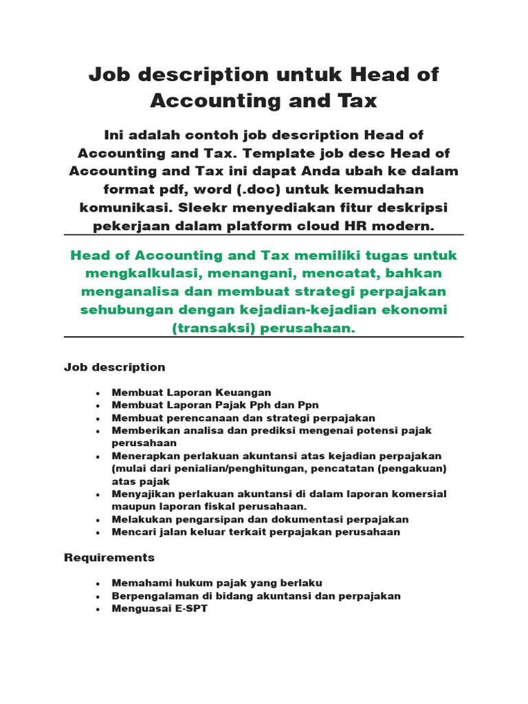 Deskripsi Pekerjaan Head Accounting dan Pajak | PDF