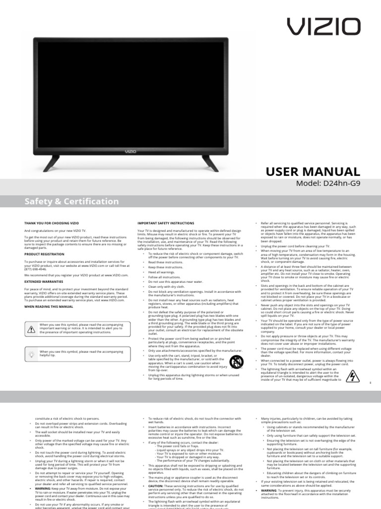 Vizio D24hn-G9 Manual en | PDF | Hdmi | Ac Power Plugs And Sockets