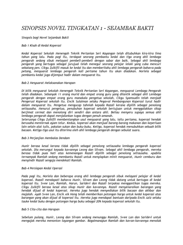 Sinopsis Novel Tingkatan 1 Sejambak Bakti | PDF