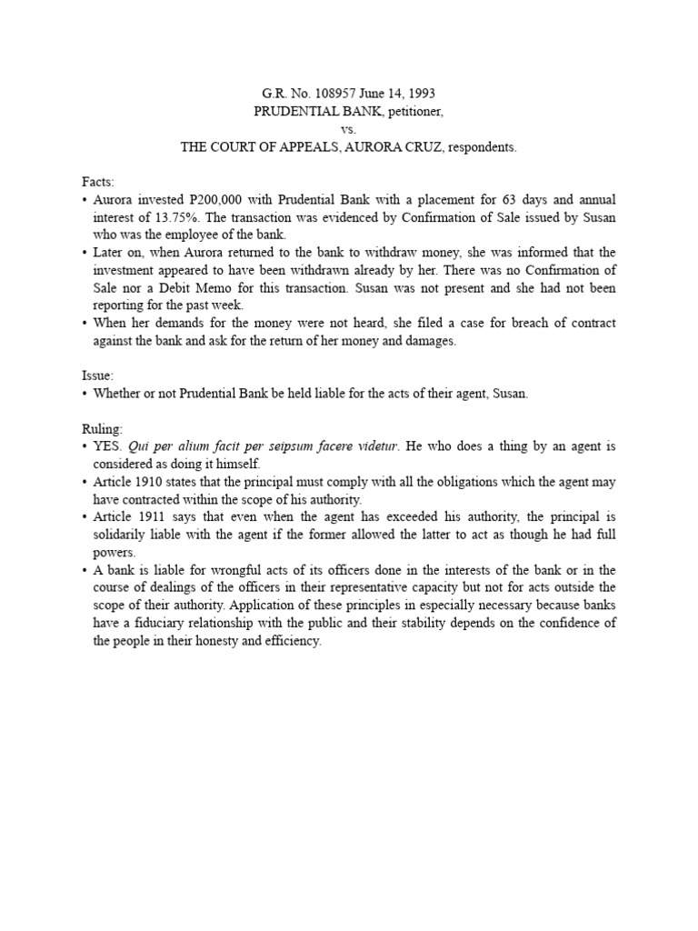 Prudential Bank Liability Case Summary | PDF