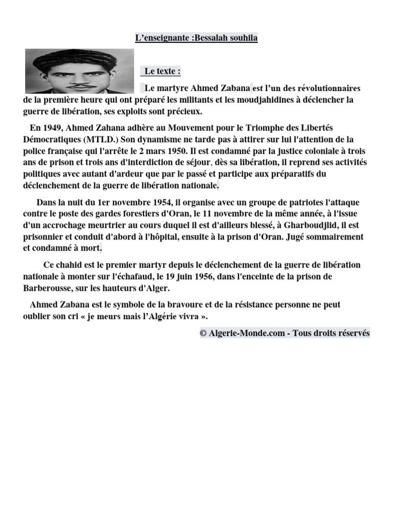 Ahmed Zabana : Héros de la Libération | PDF | Classiques | Fiction générale