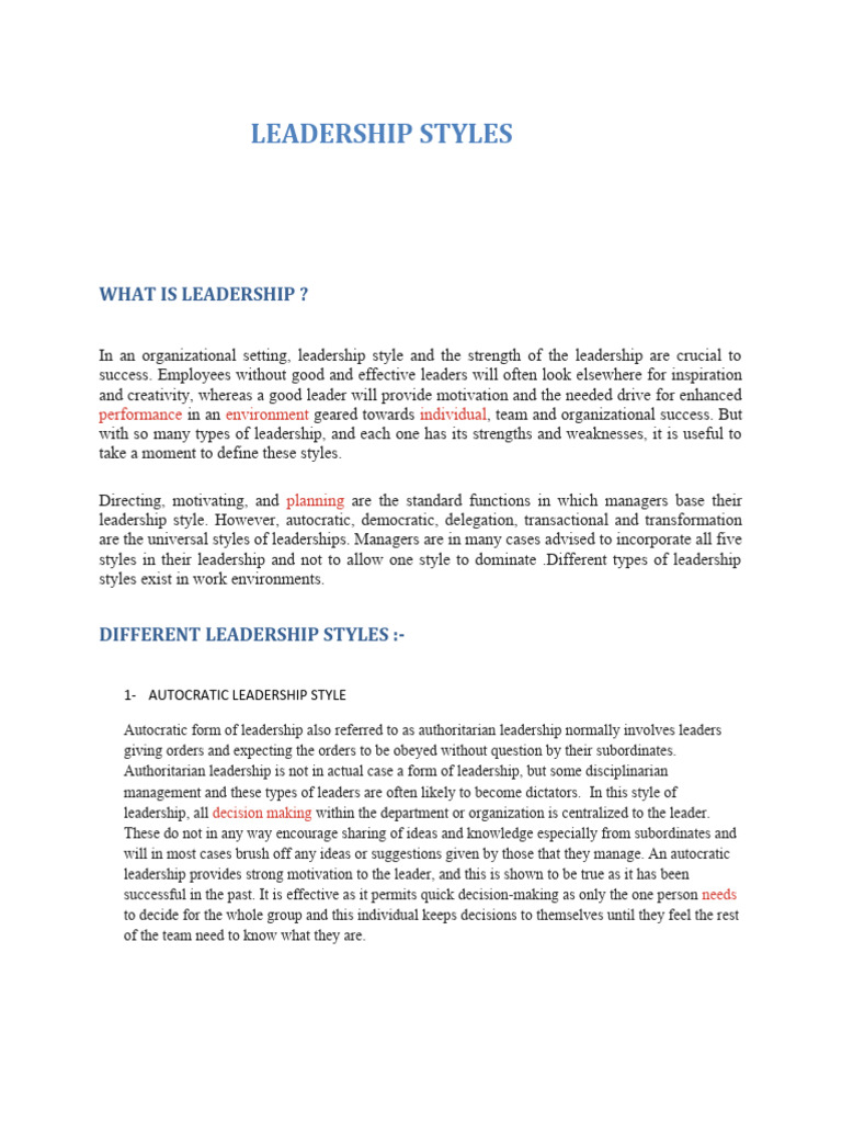 LEADERSHIP STYLES PROJECT | PDF | Leadership | Economies