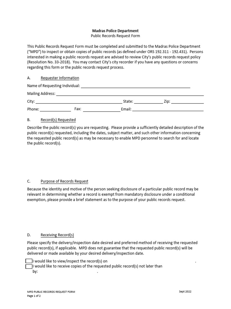 MPD Public Records Request Form | PDF | Discovery (Law) | Fax