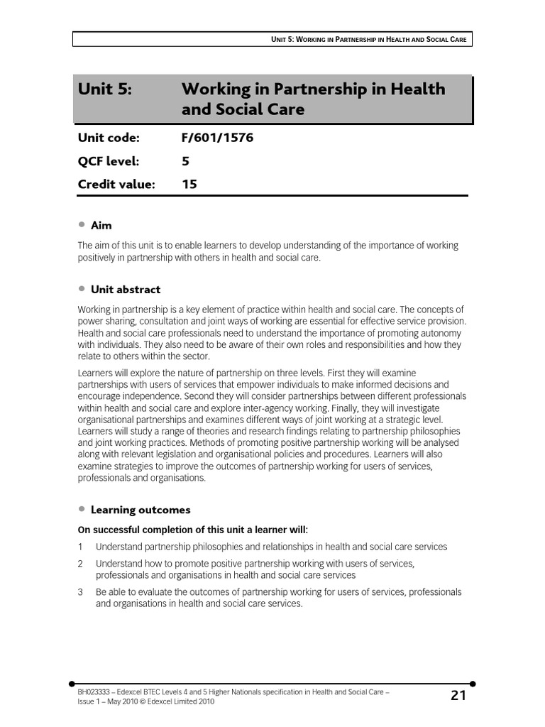 Unit 5 Working in Partnership in Health and Social Care | PDF | Social ...
