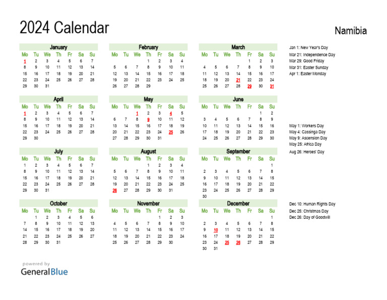 2024 Namibia Calendar with Holidays | PDF | Holidays | Eastertide