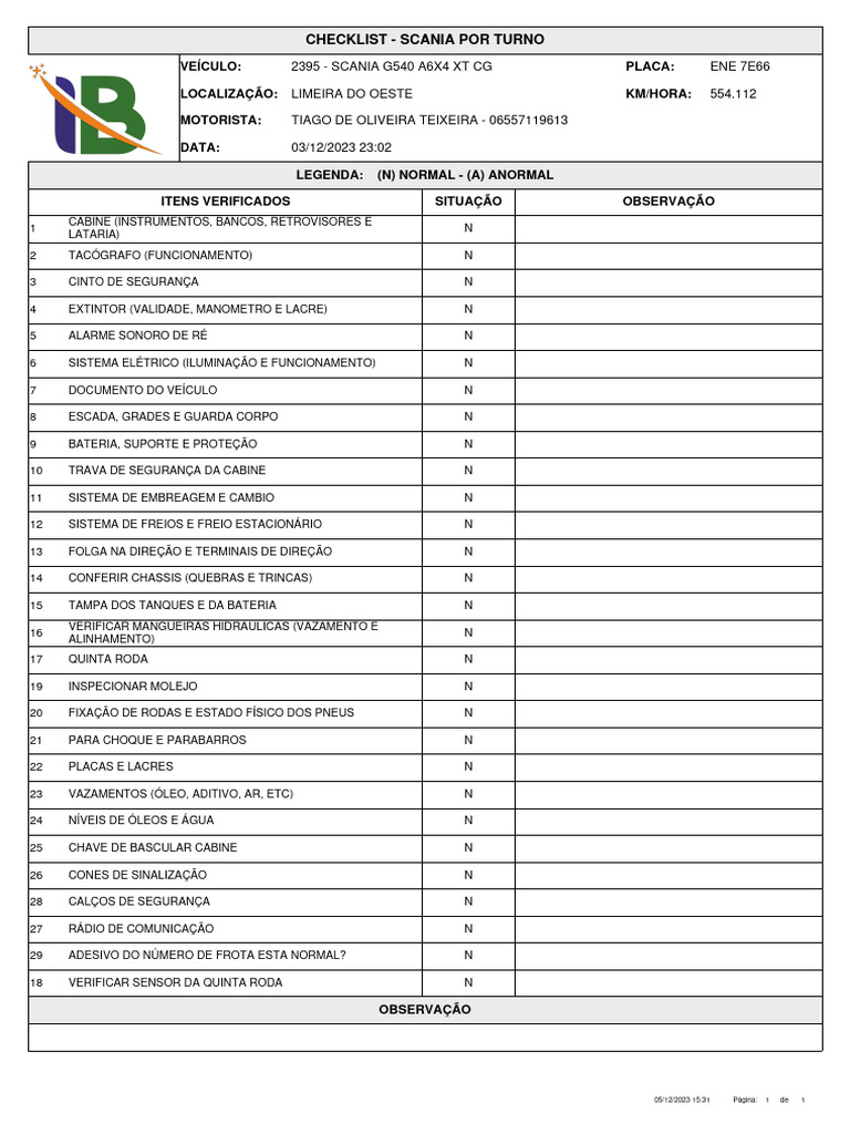 Checklist - Scania Por Turno | PDF