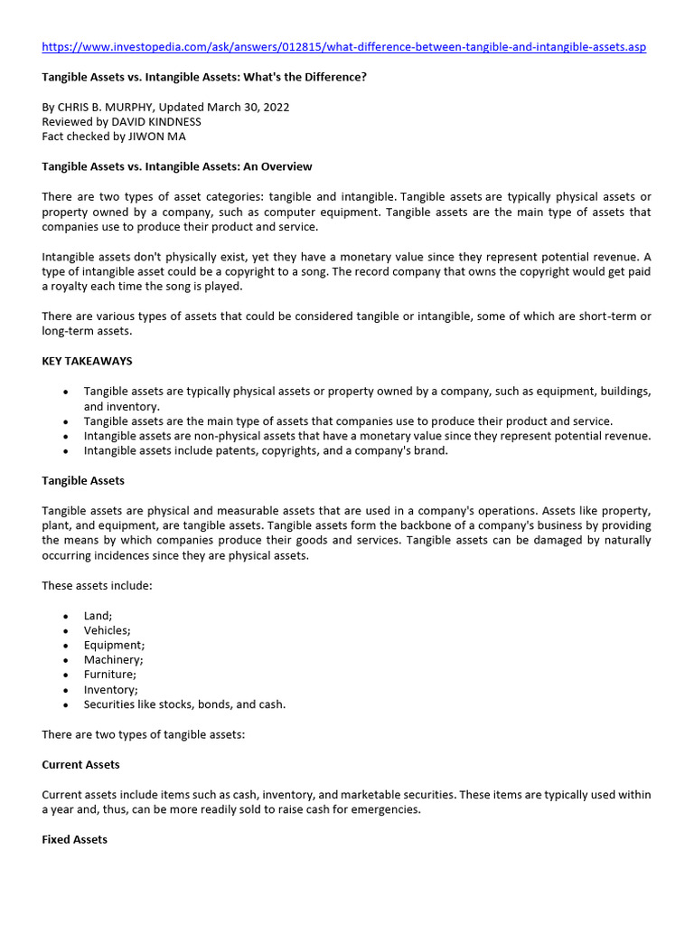 Tangible Assets vs. Intangible Assets | PDF