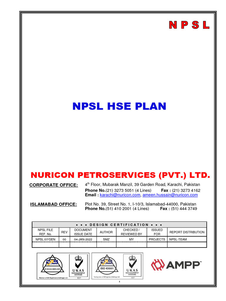 3.2.2 & 3.6.2 NPSL - HSE Plan | PDF