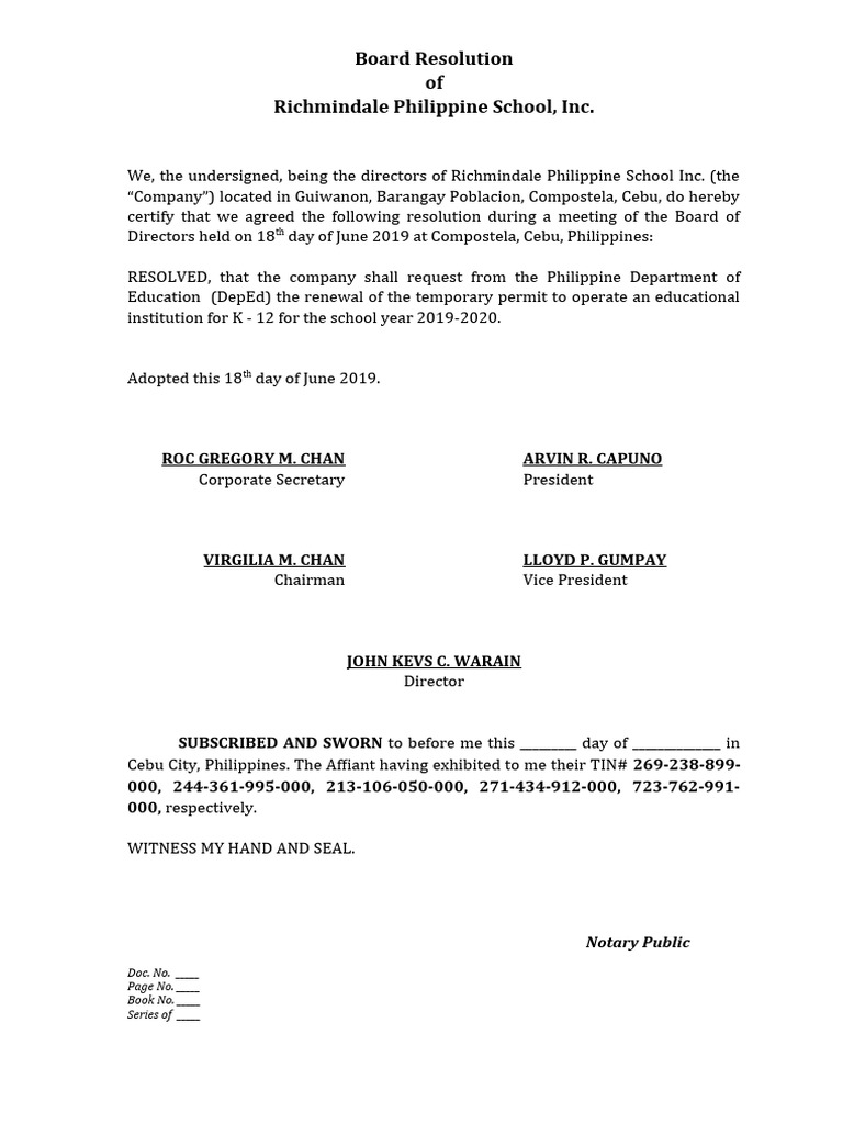 Richmindale Board Resolution - DepEd Application | PDF