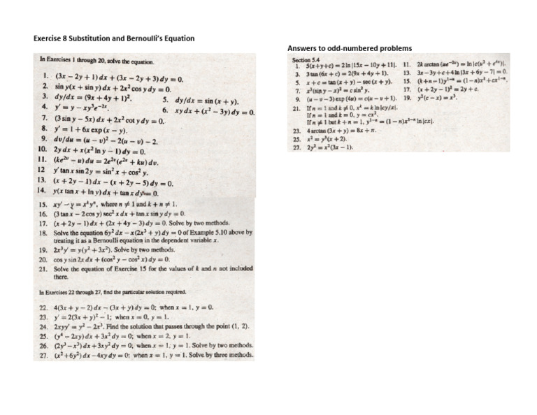 Substitution & Bernoulli's Equation Solutions | PDF