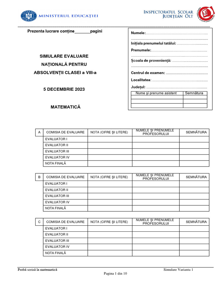 Mate - Info.Ro.5603 SIMULARE EVALUAREA NATIONALA 2024 - OLT - DECEMBRIE 2023 | PDF