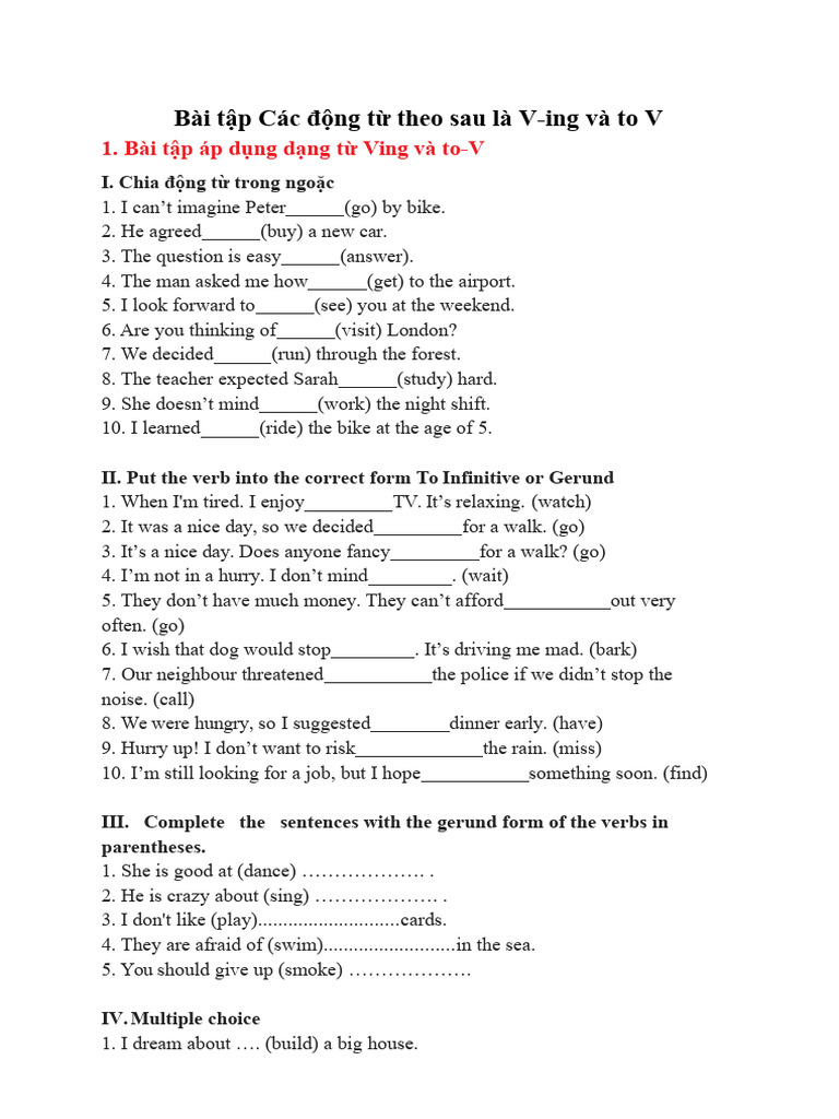 50 Bai Tap Cac Dong Tu Theo Sau La V Ing Va To V Co Dap An Chi Tiet | PDF