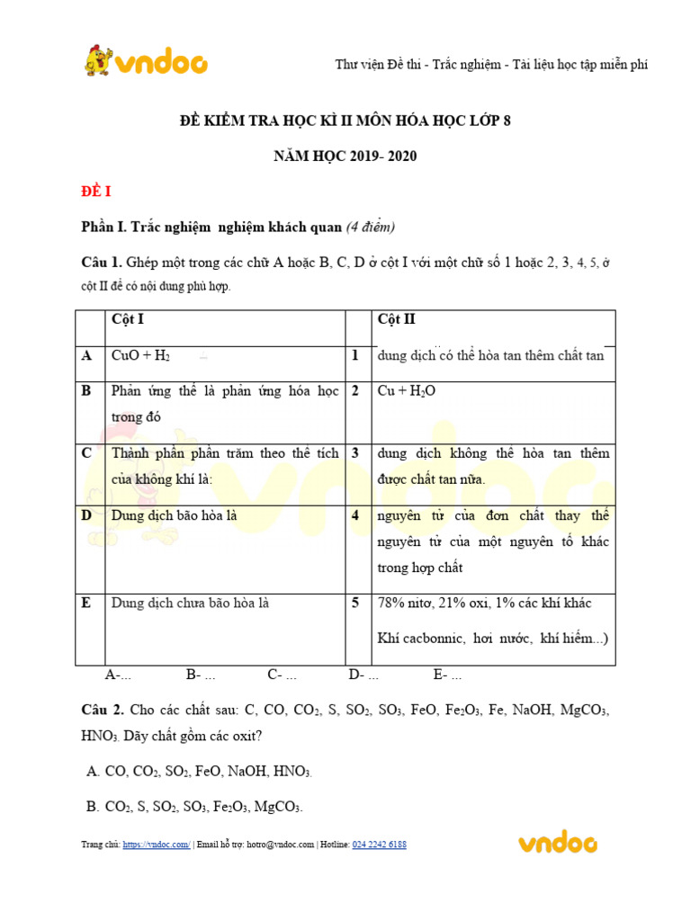 De Kiem Tra Hoa Hoc Ki 2 Lop 8 Nam 2021 | PDF