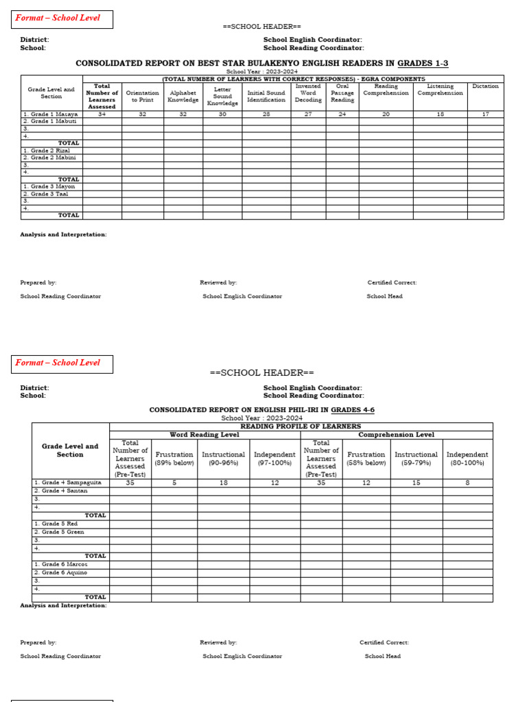 School Report On English Reading Assessment Grades 1 6 Pdf
